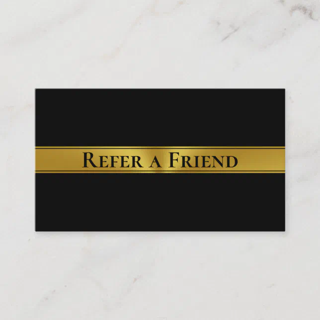 Elegant Black and Faux Gold Refer a Friend Referral Card | Zazzle