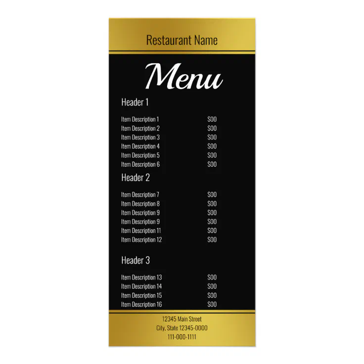 Elegant Black and Faux Gold Restaurant Menu | Zazzle