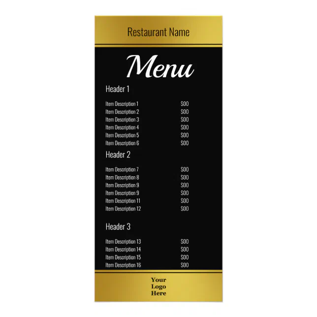Elegant Black and Faux Gold Your Logo Here Menu | Zazzle
