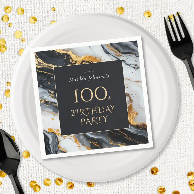 Elegant Black and Gold 100th Birthday Party Napkins | Zazzle