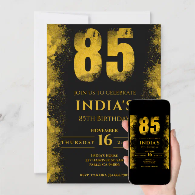 Elegant Black And Gold 85th Birthday Party Invitation | Zazzle