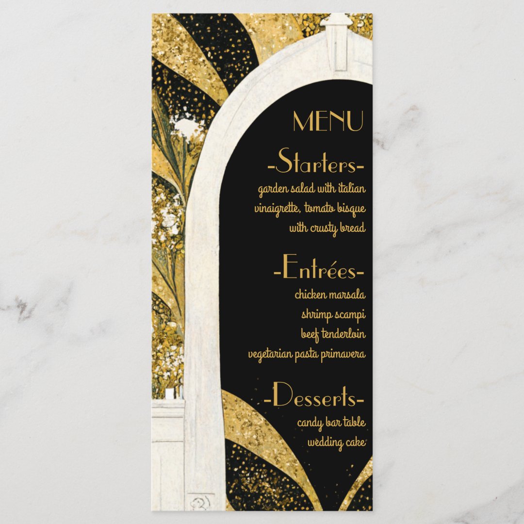 Elegant Black and Gold Art Deco Archway Wedding Menu | Zazzle