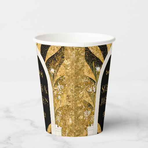 Elegant Black and Gold Art Deco Archway Wedding Paper Cups | Zazzle