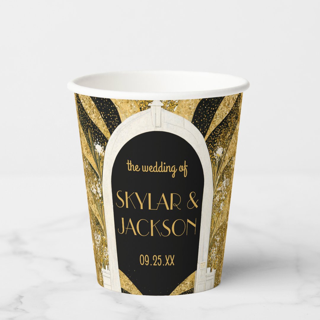 Elegant Black and Gold Art Deco Archway Wedding Paper Cups | Zazzle