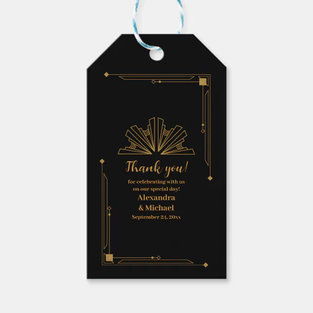 Elegant Black and Gold Art Deco Wedding Gift Tags | Zazzle