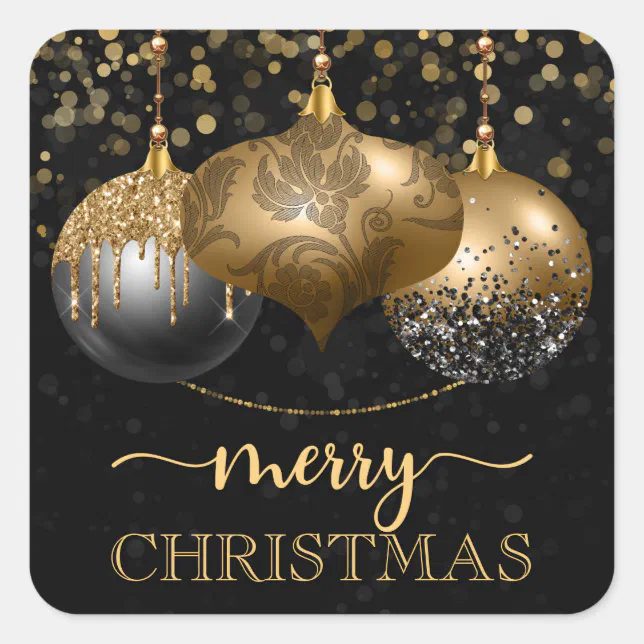 Elegant Black and Gold Baubles Merry Christmas Square Sticker | Zazzle