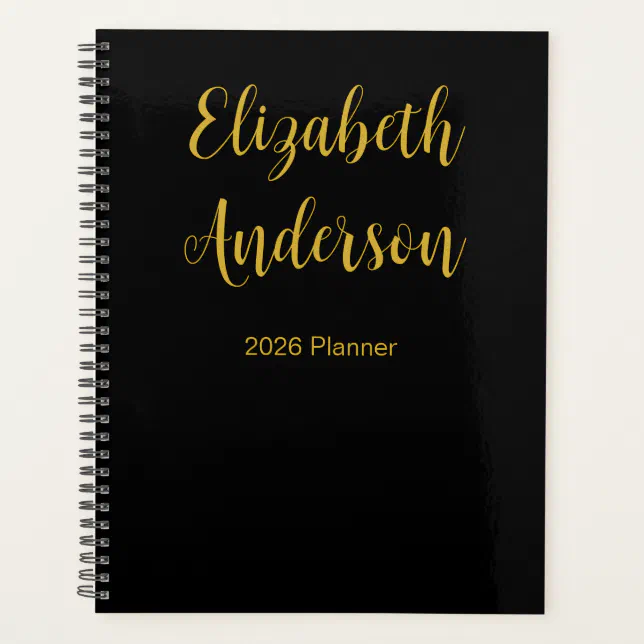 Elegant Black and Gold Cursive Script Name 2026 Planner | Zazzle