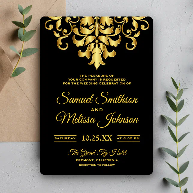 Elegant Black and Gold Damask Wedding Invitation | Zazzle