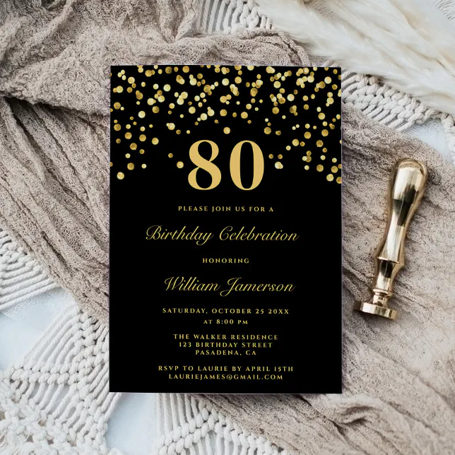 Elegant Black And Gold Eighty 80th Birthday Invitation | Zazzle