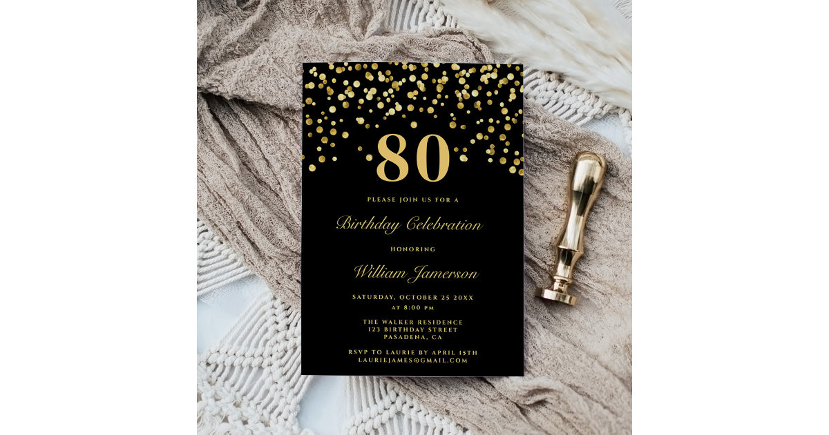 Elegant Black And Gold Eighty 80th Birthday Invitation | Zazzle
