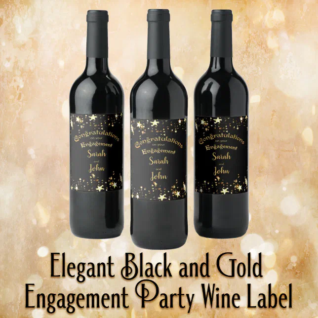 Elegant Black and Gold Engagement Party Wine Label | Zazzle