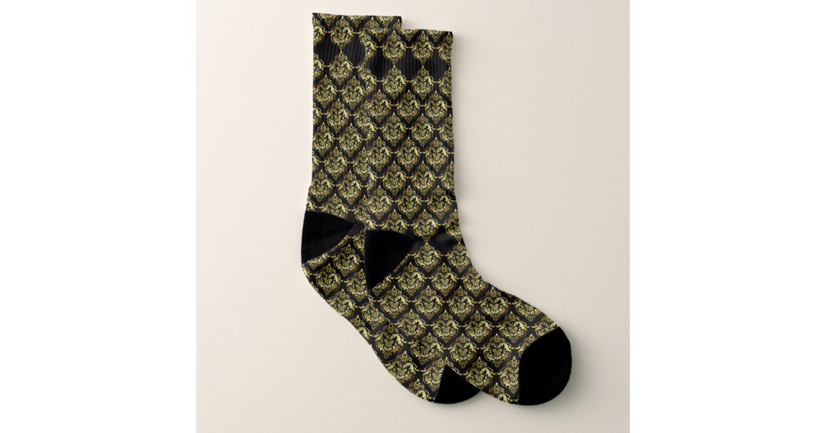 Elegant black and gold floral damasks pattern socks | Zazzle