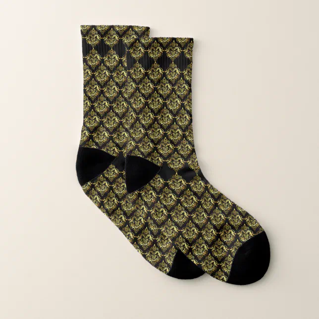 Elegant black and gold floral damasks pattern socks | Zazzle