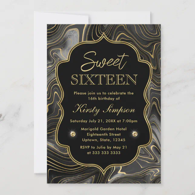 Elegant Black and Gold Geode Strata Sweet 16 Invitation | Zazzle