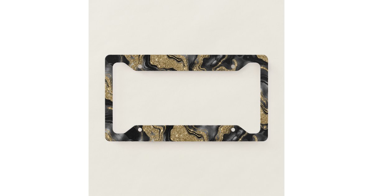 Elegant Black and Gold Glitter Agate Pattern License Plate Frame | Zazzle