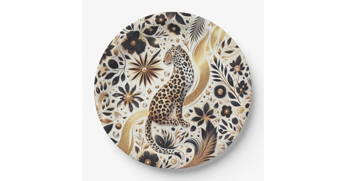 Elegant black and gold glitter Leopard Paper Plates | Zazzle