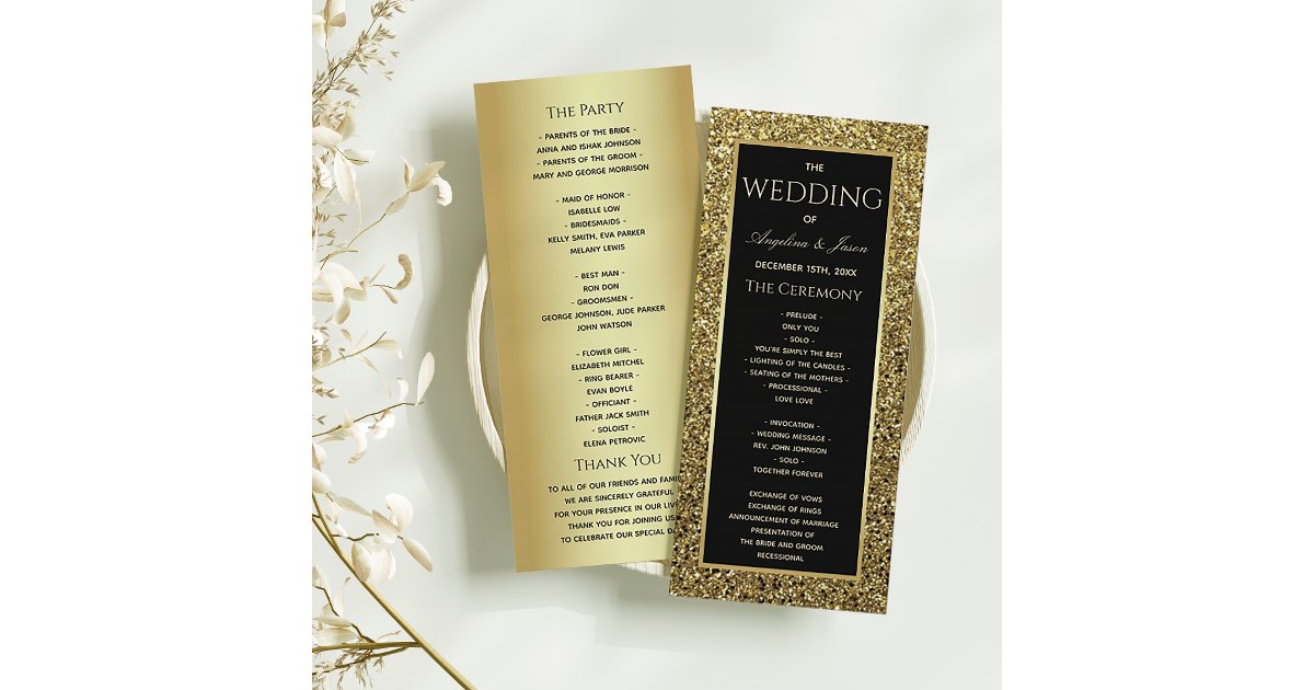Elegant Black and Gold Glitter Wedding Ceremony Program | Zazzle