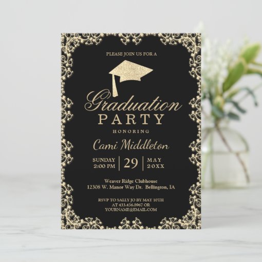 Elegant Black and Gold Graduation Invitation | Zazzle