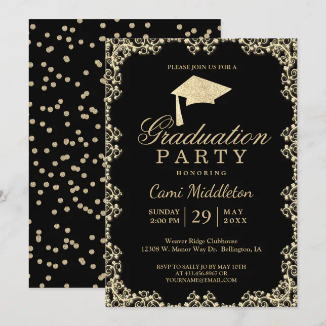 Elegant Black and Gold Graduation Invitation | Zazzle