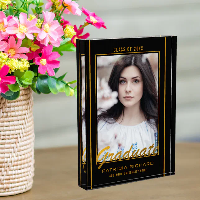 Elegant Black And Gold Graduation Keepsake Photo Block | Zazzle