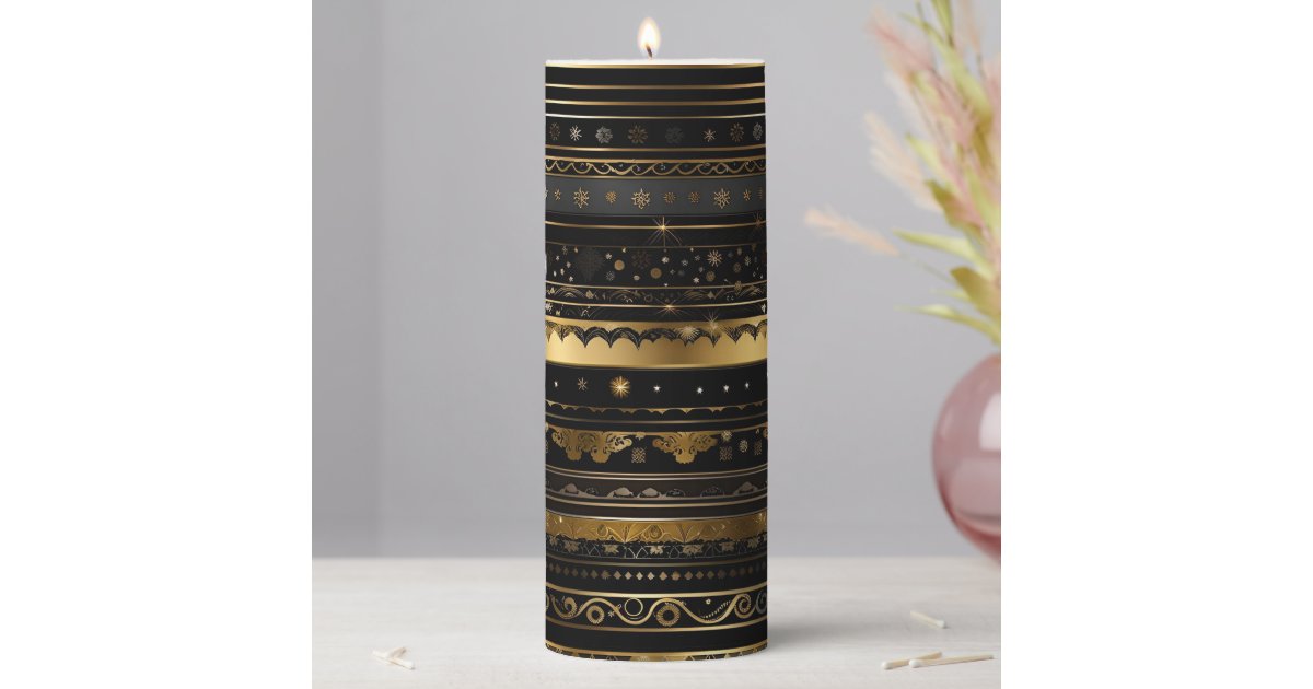 Elegant Black And Gold Horizontal Striped Pillar Candle | Zazzle