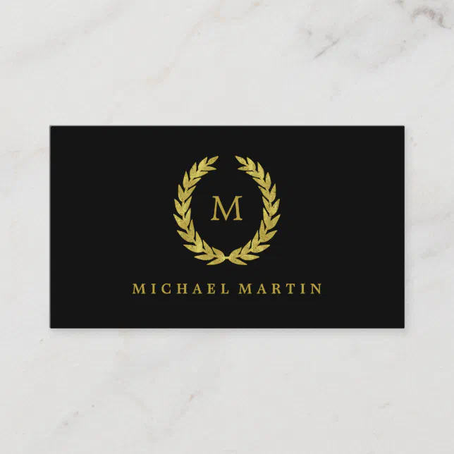Elegant Black and Gold Laurel Wreath with Monogram Business Card | Zazzle
