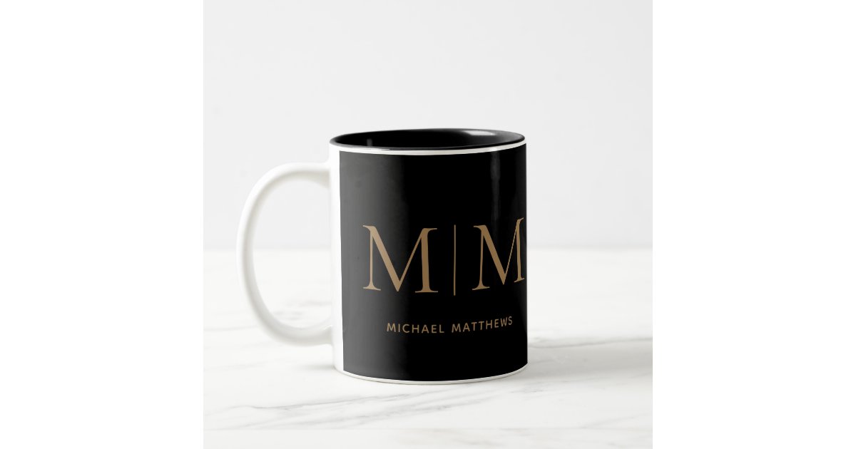 Elegant Black and Gold Masculine Monogram Name Tw Two-Tone Coffee Mug ...