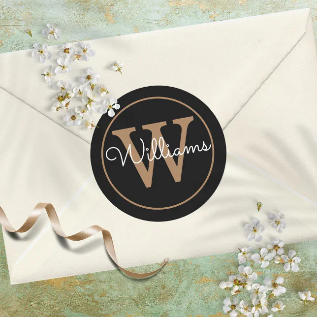 Elegant Black and Gold Monogram Name Classic Round Sticker | Zazzle