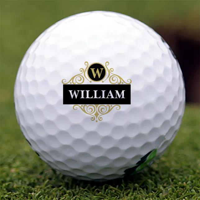 Elegant Black and Gold Monogram Name Initial Golf Balls | Zazzle