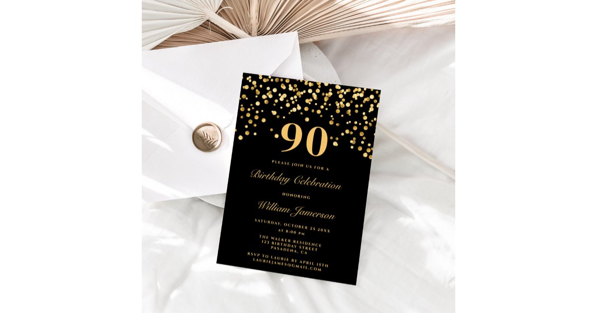 Elegant Black And Gold Ninety 90th Birthday Invitation | Zazzle