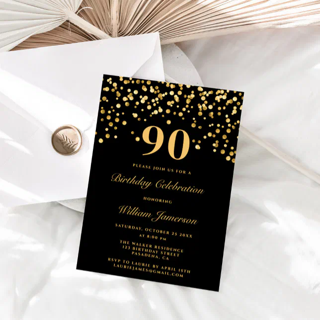 Elegant Black And Gold Ninety 90th Birthday Invitation | Zazzle