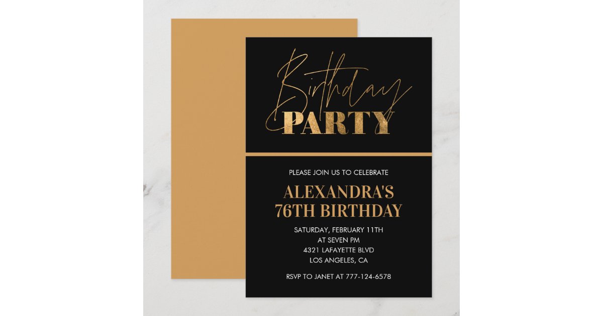 Elegant Black and Gold Script 76th birthday party Invitation | Zazzle