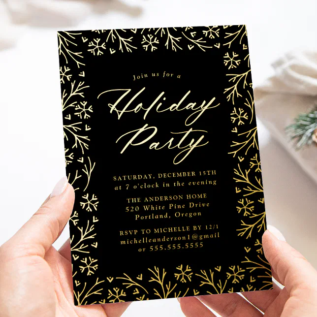 Elegant Black and Gold Snowflake Holiday Party Foil Invitation | Zazzle