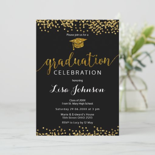 Elegant Black and Gold Sparkle Glitter Graduation Invitation | Zazzle