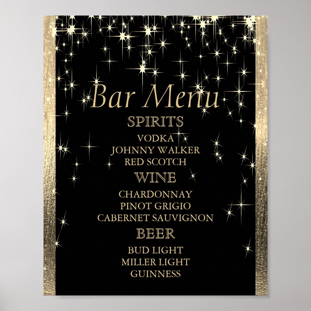 Elegant Black and Gold Starlights - Bar Menu Poster | Zazzle