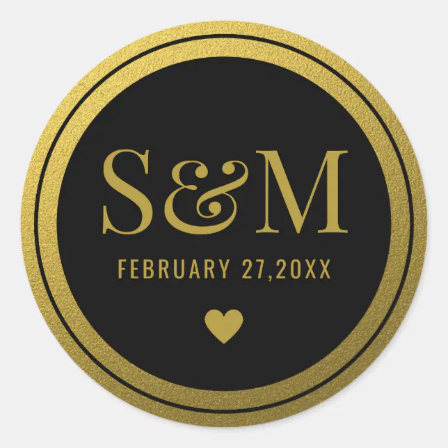 Elegant Black And Gold Wedding Monogram Initials Classic Round Sticker ...