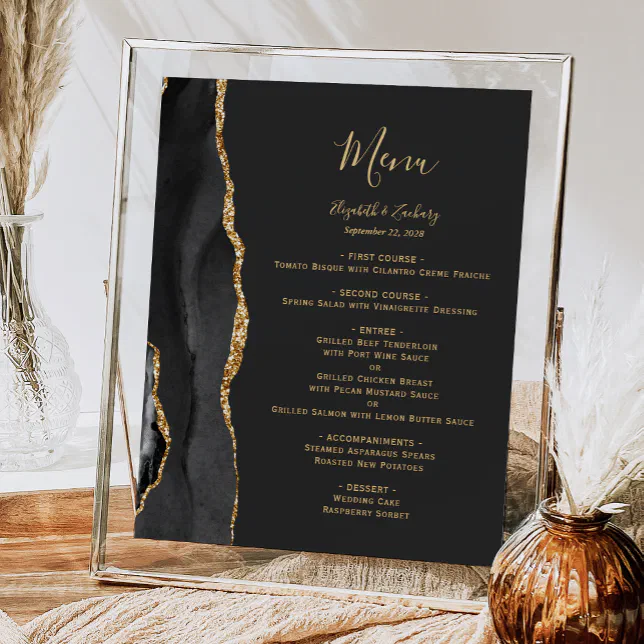 Elegant Black and Gold Wedding Table Menu Poster | Zazzle