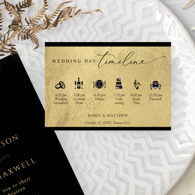 Elegant Black and Gold Wedding Timeline Enclosure Card | Zazzle
