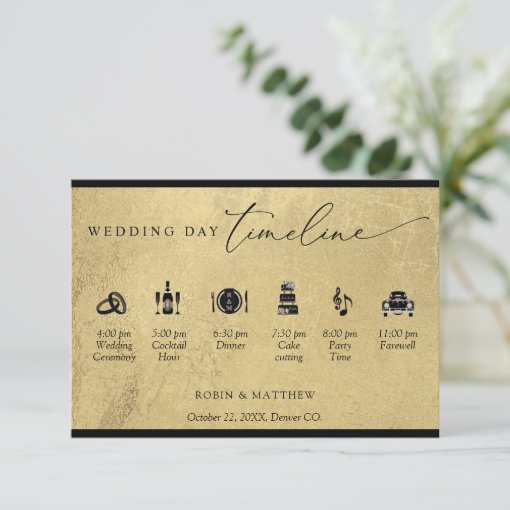 Elegant Black and Gold Wedding Timeline Enclosure Card | Zazzle