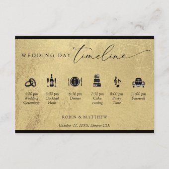 Elegant Black and Gold Wedding Timeline Enclosure Card | Zazzle