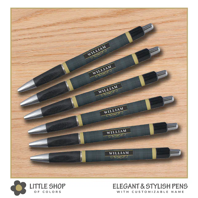 Elegant Black and Gold Windowpane Plaid Monogram Pen | Zazzle