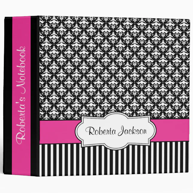 Elegant Black and Magenta Damask Custom 3 Ring Binder | Zazzle