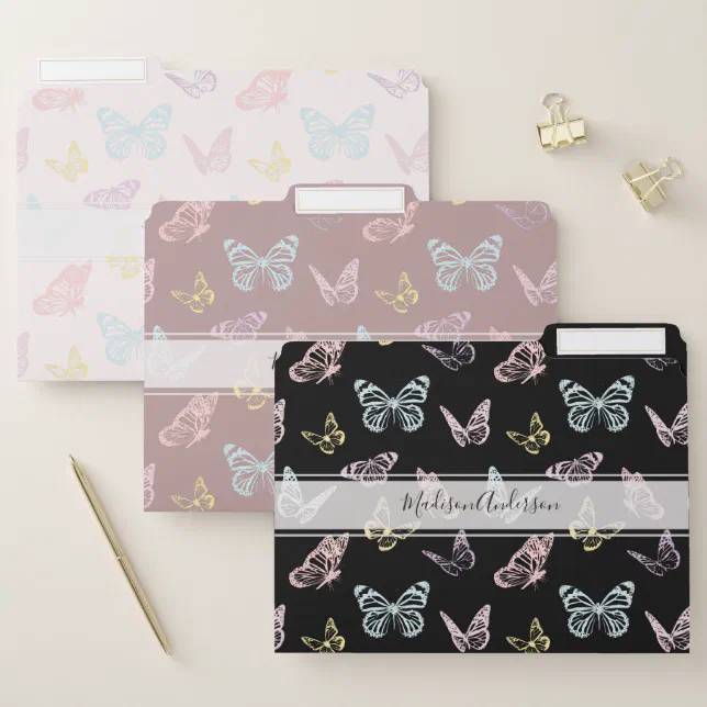 Elegant Black and Pastel Pink Butterfly Pattern File Folder | Zazzle