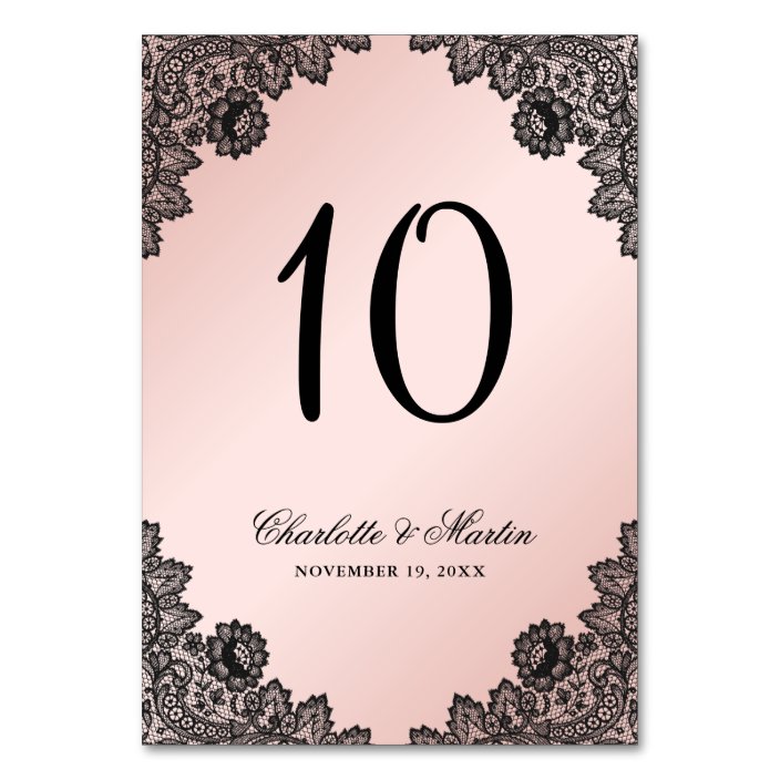 Elegant Black and Pink Floral Lace Wedding Table Number | Zazzle.com