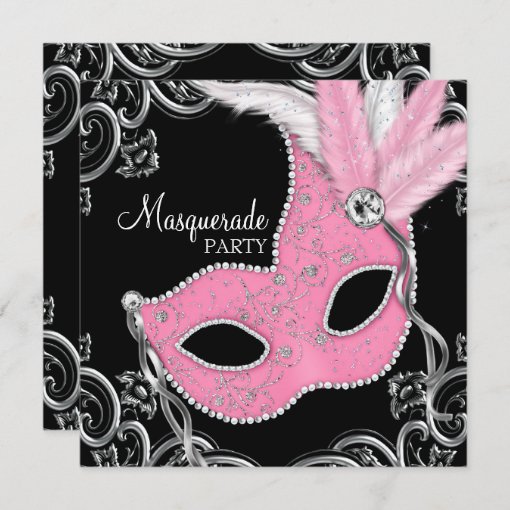Elegant Black and Pink Masquerade Party Invitation | Zazzle