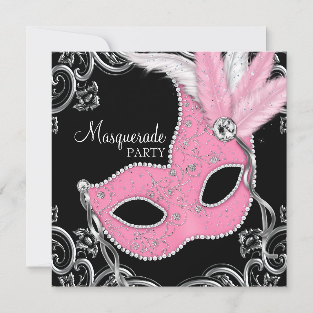 Elegant Black and Pink Masquerade Party Invitation | Zazzle