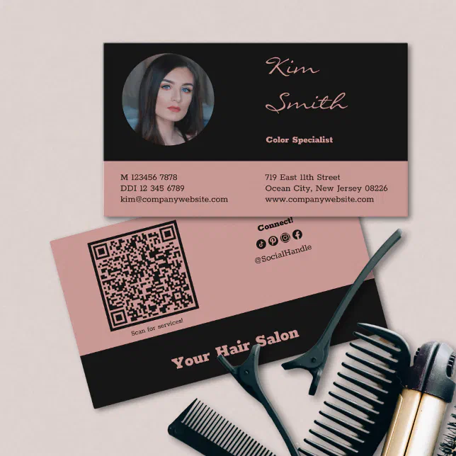 Elegant Black and Pink QR Code Hair Salon Employee Business Card | Zazzle