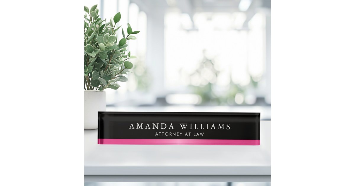 Elegant black and pink satin gradient desk name plate | Zazzle