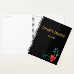 Elegant Black and Red Floral 2021 Planner | Zazzle