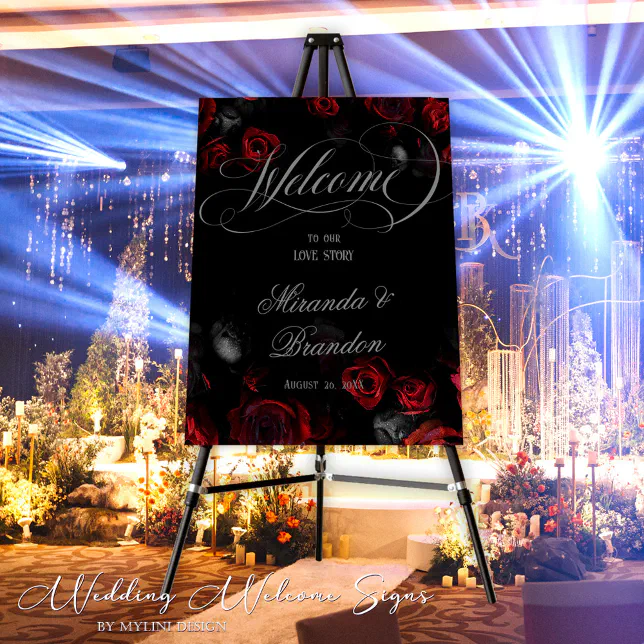 Elegant Black and Red Floral Wedding Welcome Sign | Zazzle